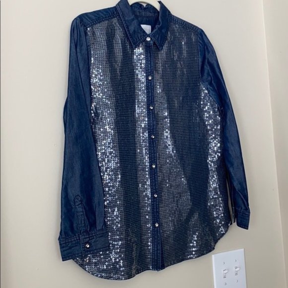 Chico's | Tops | Chicos Sequin Denim Top Size 3 | Poshmark